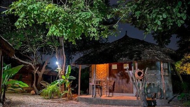 Uma cabana rústica com telhado de palha, rodeada por vegetação exuberante e um caminho de cascalho.