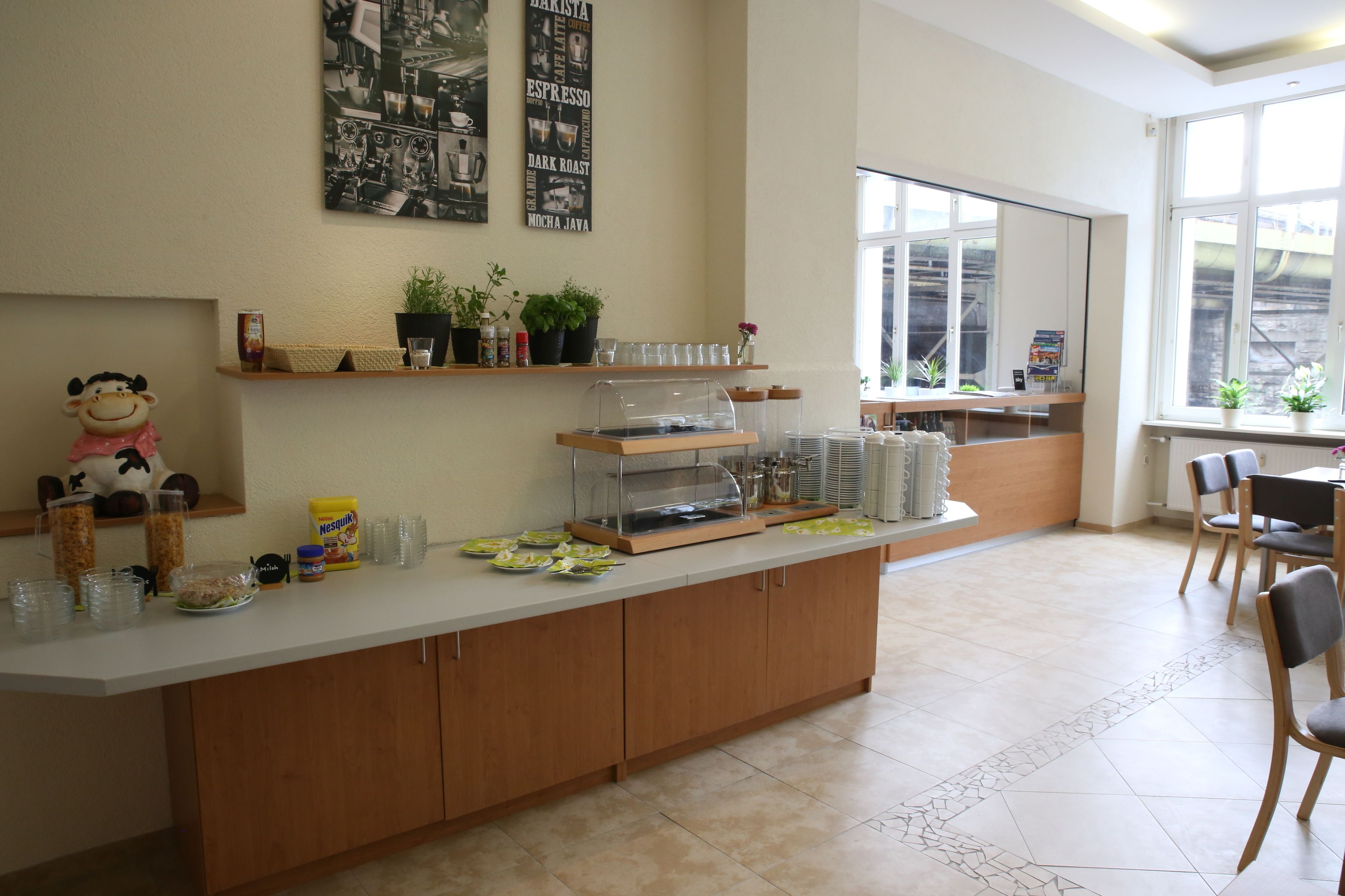 Um café com balcão, prateleiras com plantas e uma janela grande.