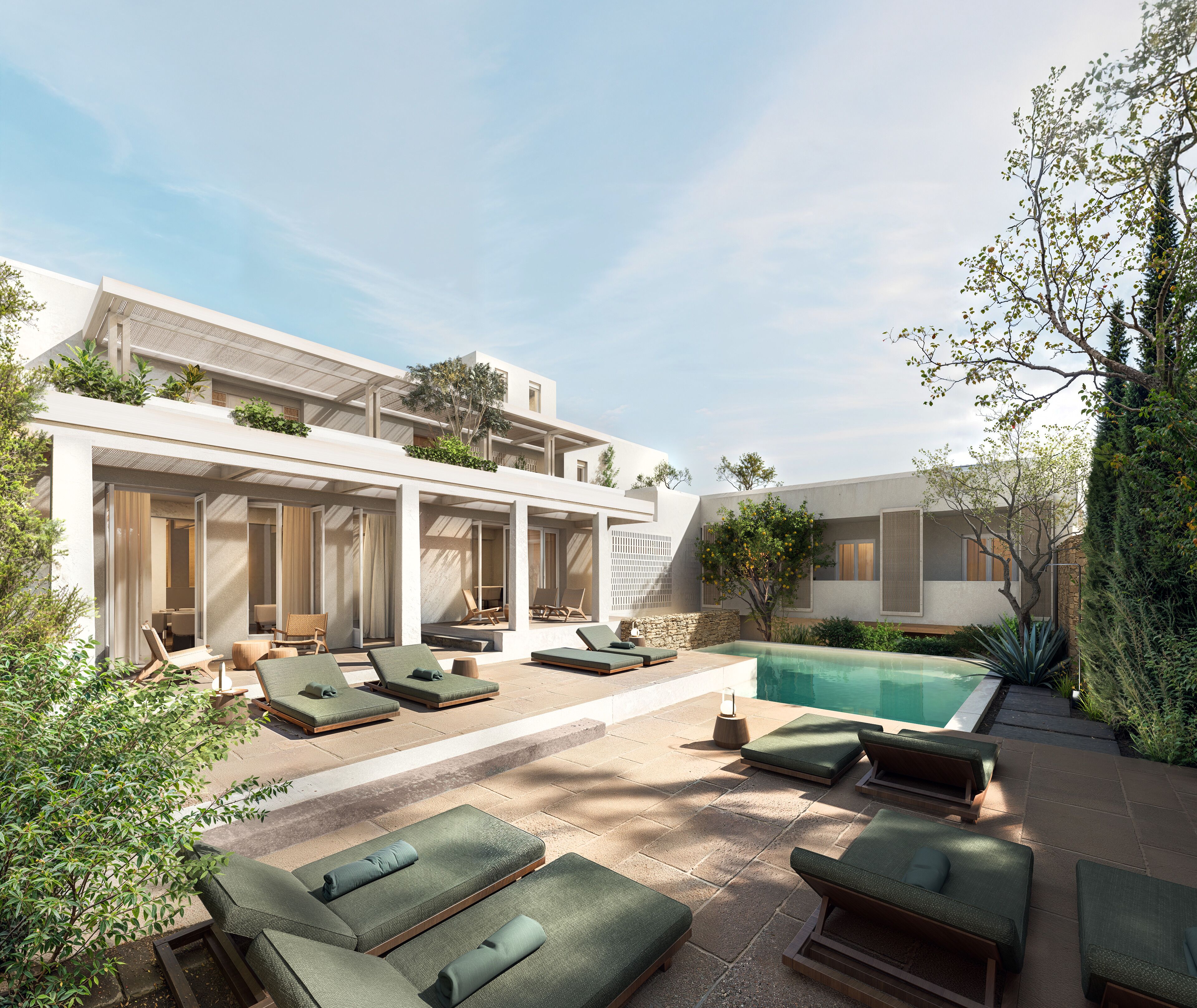 Um resort moderno com área de piscina, espreguiçadeiras e um alpendre coberto.