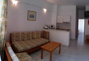 Apartamento, 1 quarto, varanda, vista para o jardim | Sala de estar | TV de ecrã plano 