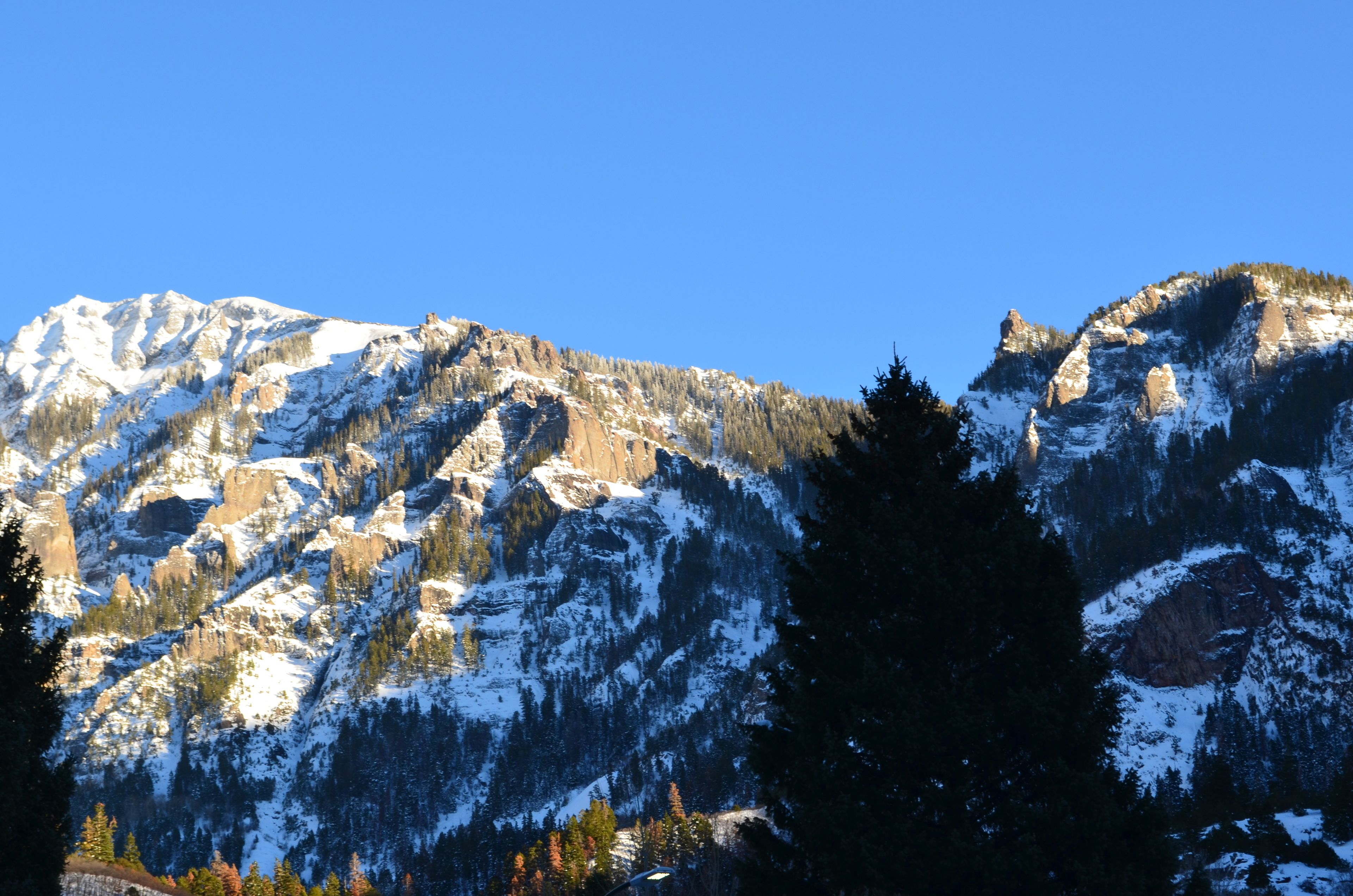 Paisagem montanhosa com picos cobertos de neve e floresta densa.