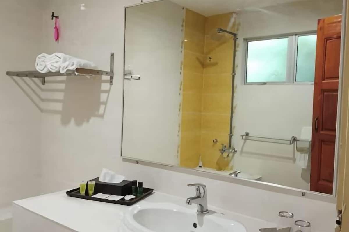Casa de banho com um espelho grande, lavatório, chuveiro e porta-toalhas.