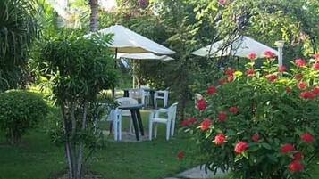 Um jardim com um caminho, área de estar ao ar livre e uma pequena mesa com cadeiras.