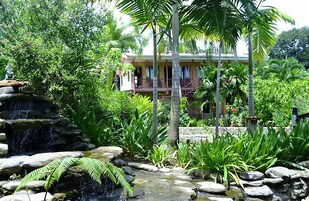 Um resort tropical com uma cascata, vegetação exuberante e um edifício de dois andares com varandas.
