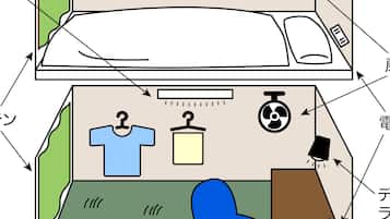 Um quarto com uma cama, uma escrivaninha, uma cadeira, um candeeiro pendente, um aquecedor fixado na parede e uma pequena janela.