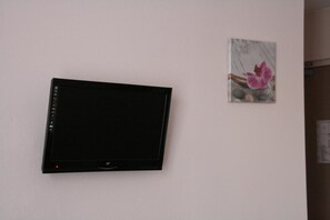 Televisão de tela plana presa na parede, quadro com uma flor e porta com interruptor de luz.