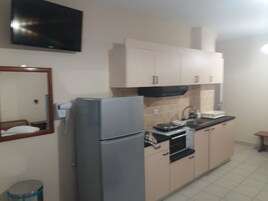 Cozinha compacta com geladeira, forno, pia e armários.