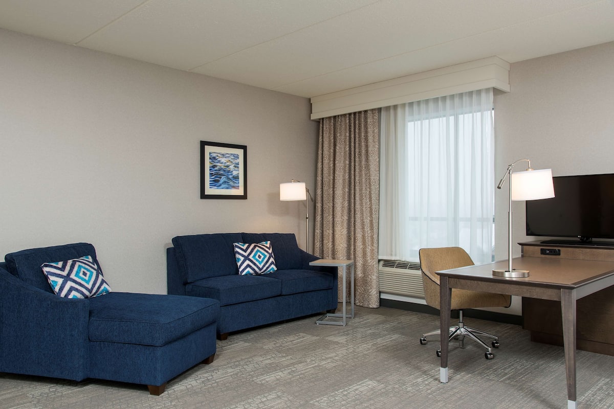 Quarto de hotel com sofá, poltrona, escrivaninha, televisão e janela com cortinas.
