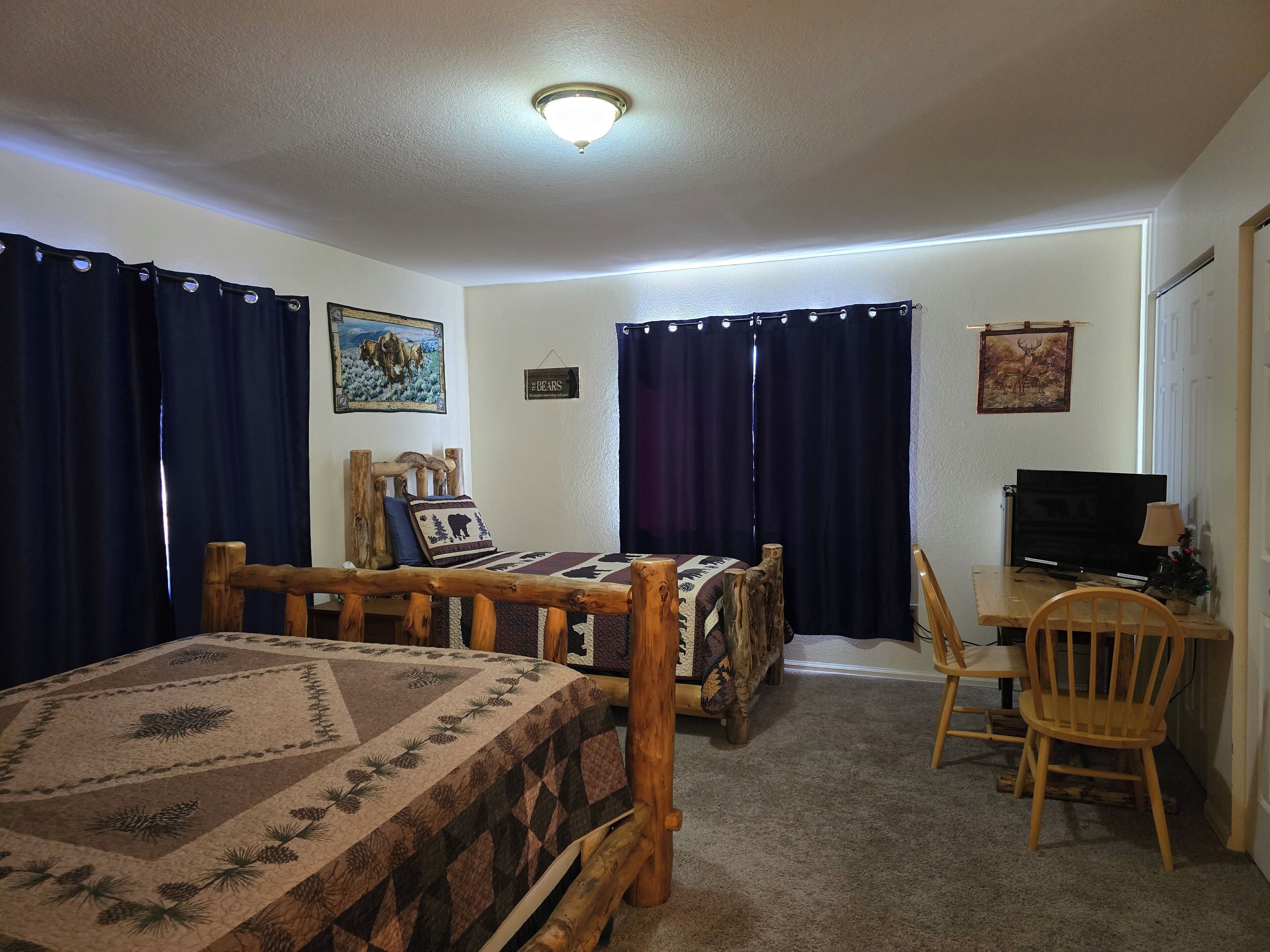 Quarto com cama de madeira, escrivaninha com cadeira, televisão e duas pinturas na parede.