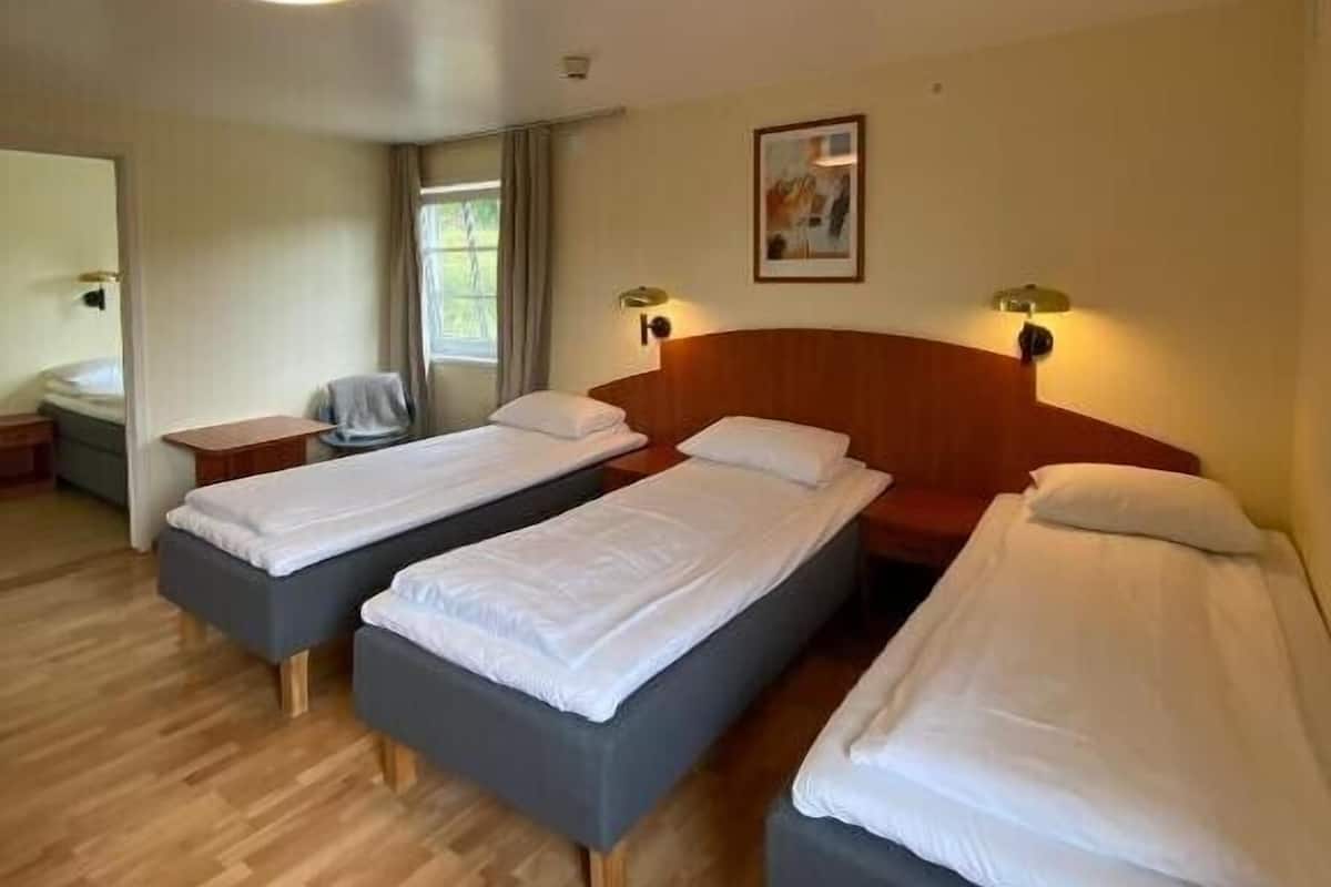 Quarto de hotel com três camas de solteiro, piso de madeira, uma janela grande com cortinas e um quadro na parede.