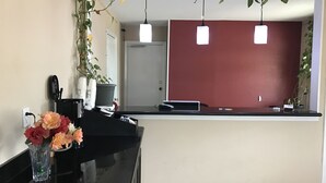 Uma mesa de recepção com bancada preta, um vaso de flores e um vaso de planta. Há duas luminárias pendentes sobre a mesa.