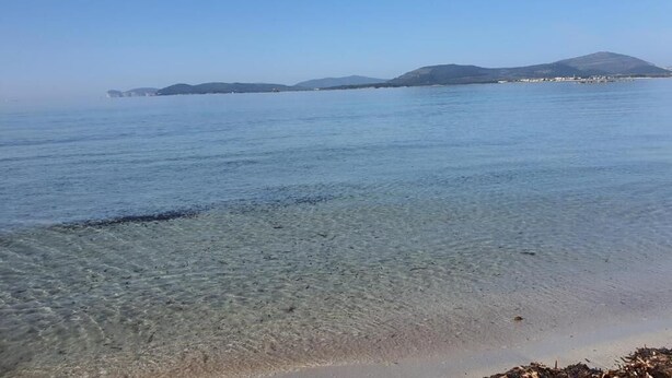 Visão nítida de uma praia com águas calmas e colinas ao longe.