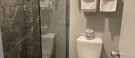 Casa de banho com chuveiro em cabine de vidro, sanita e porta-toalhas com toalhas dobradas.