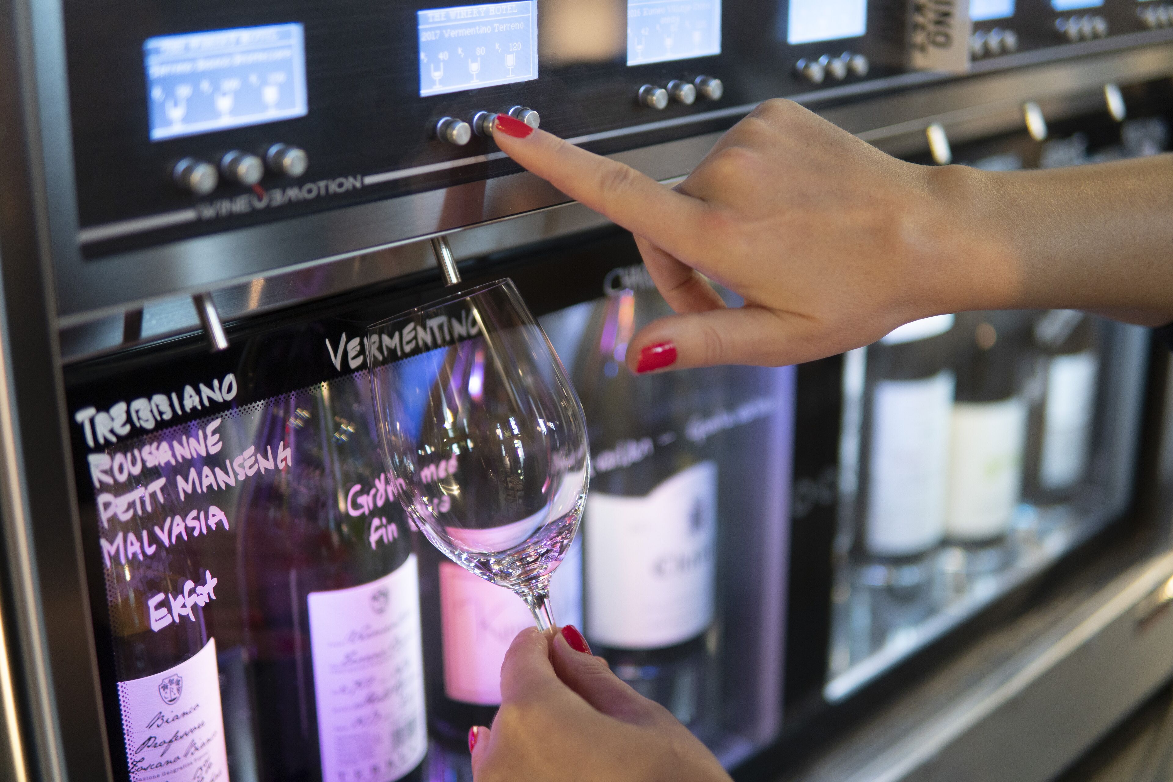 Uma mão escolhendo uma garrafa de vinho em uma vitrine refrigerada.