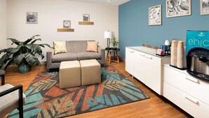 Quarto de hotel moderno com sofá, banqueta, cafeteira e uma grande planta em vaso.