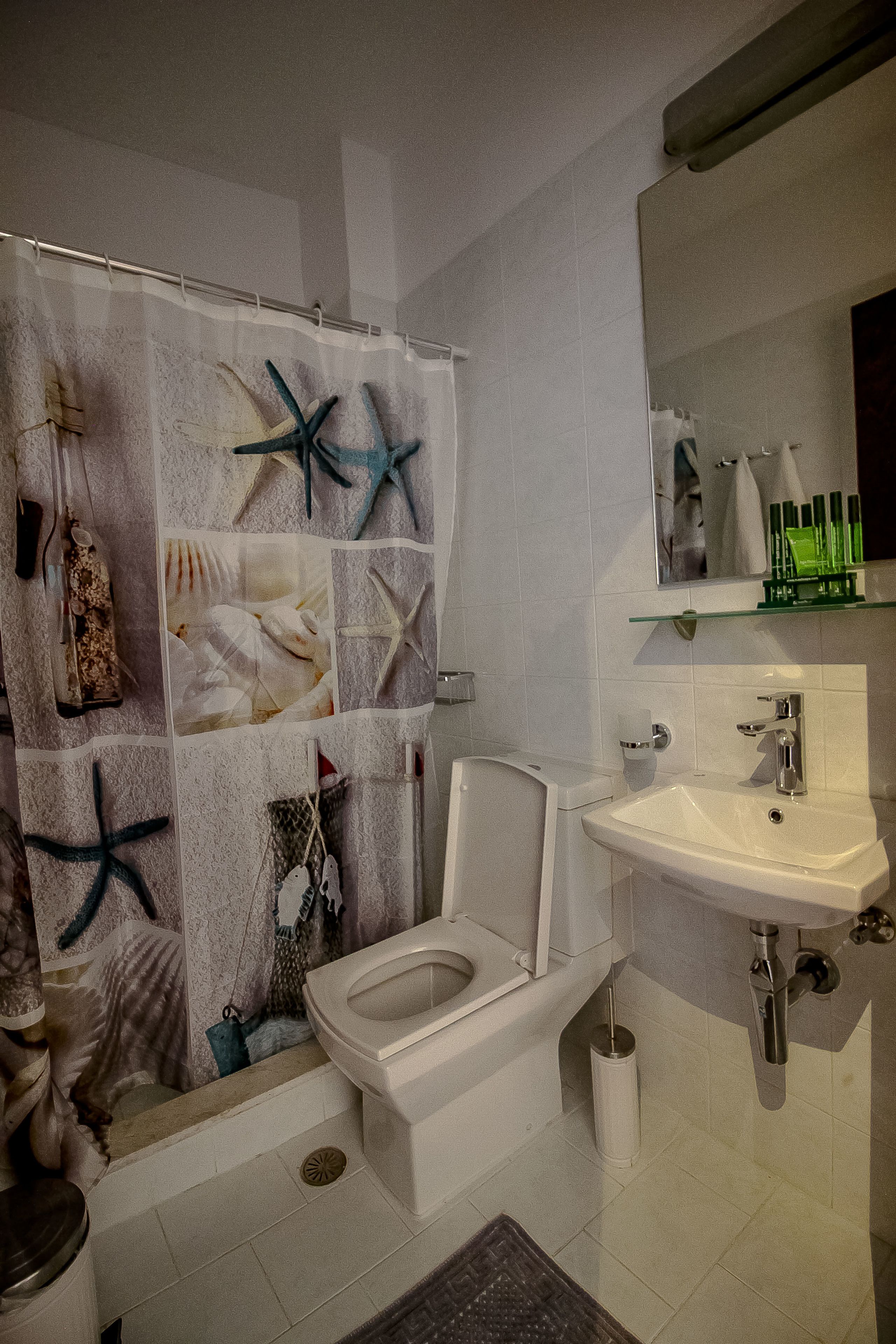 Quarto Duplo, vista para o mar | Casa de banho | Um polibã, artigos de higiene pessoal grátis, um secador de cabelo 