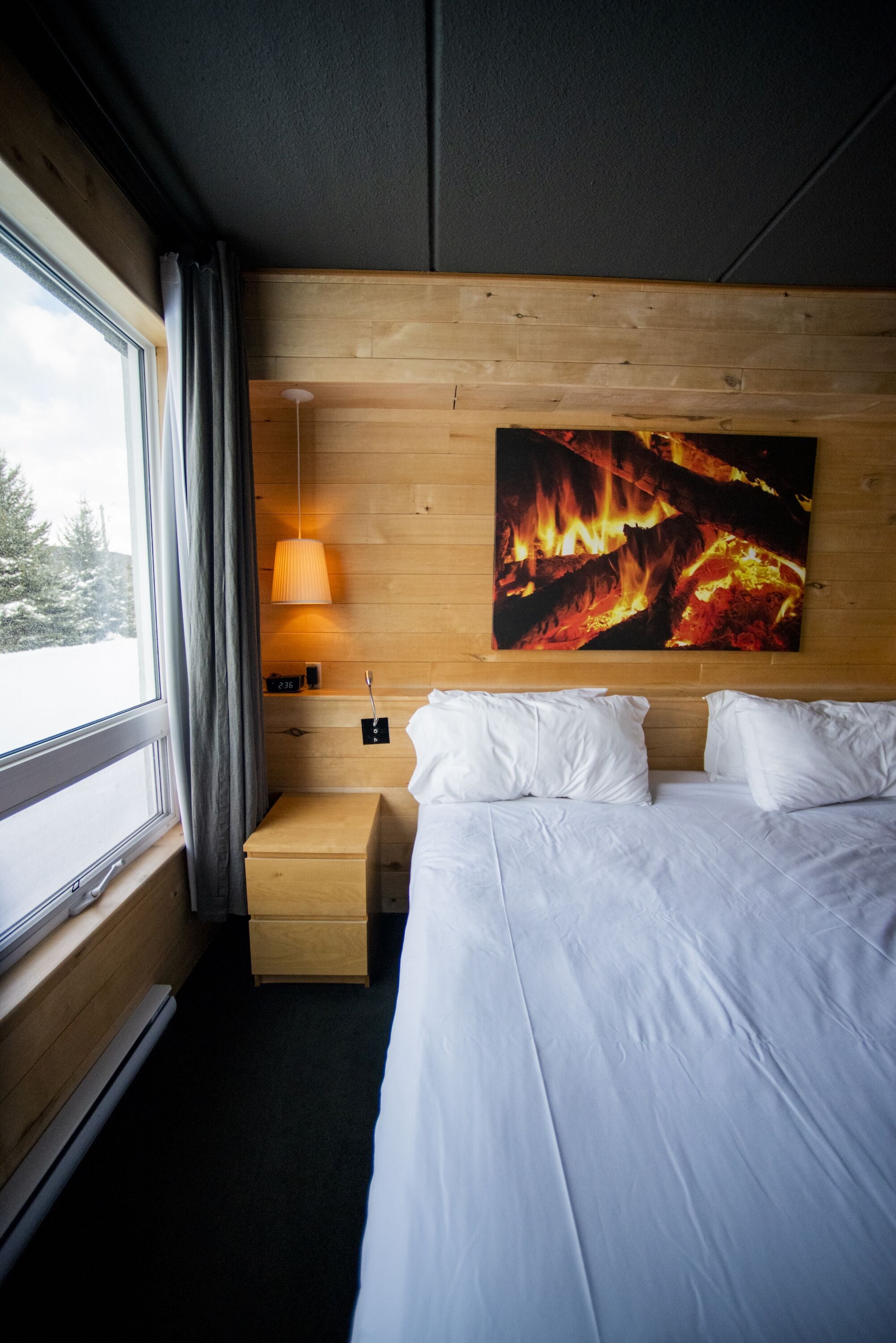 Quarto de hotel com cama, mesa de cabeceira, luminária, quadro de fogo e janela com cortinas, exibindo vista para árvores.
