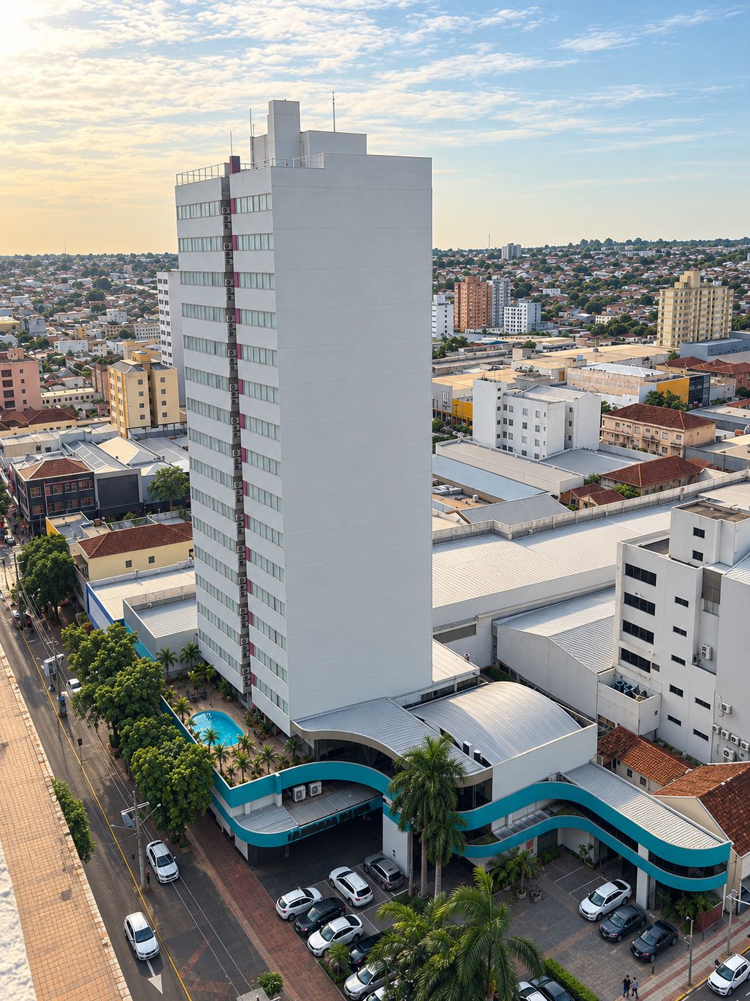 Um hotel moderno e imponente, com design contemporâneo, destacando uma estrutura vertical marcante e uma entrada curva.