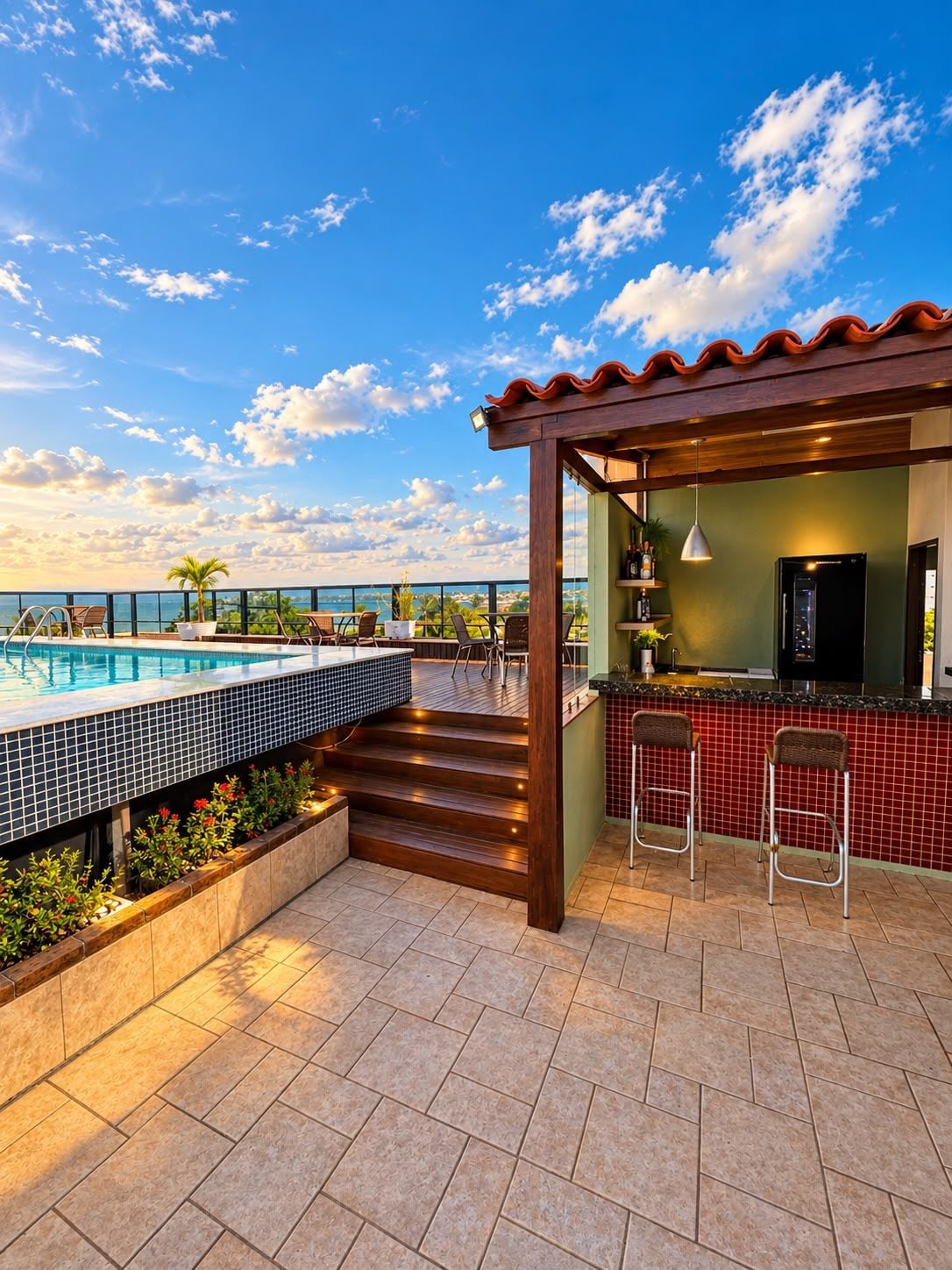 Um bar no terraço com piscina, banquetas e vista para o oceano.