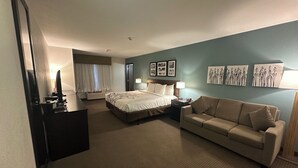 Quarto de hotel com cama, sofá, escrivaninha e televisão.
