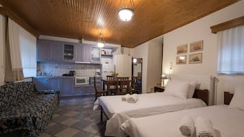 Apartamento, 2 quartos | Cozinha privada | Um frigorífico, uma placa de cozinha, uma chaleira elétrica