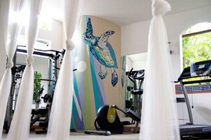 Uma academia com equipamentos de ginástica, um mural de uma tartaruga marinha e uma janela com cortinas.
