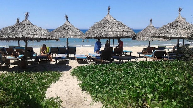 Uma praia com guarda-sóis de palha e espreguiçadeiras, um caminho de areia e vegetação verde.