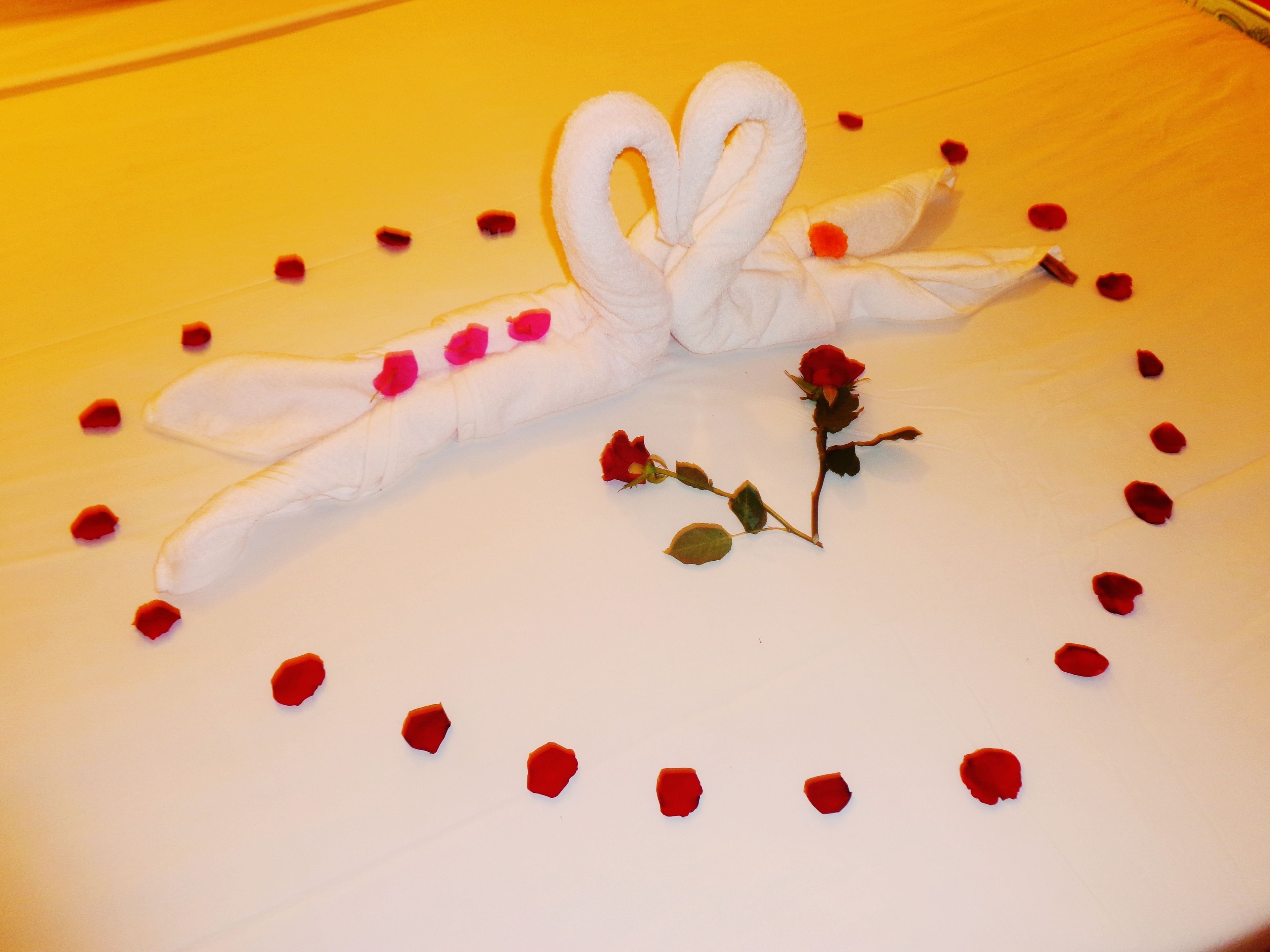 Uma mesa branca com uma toalha disposta em forma de coração, rodeada por pétalas de rosas vermelhas.