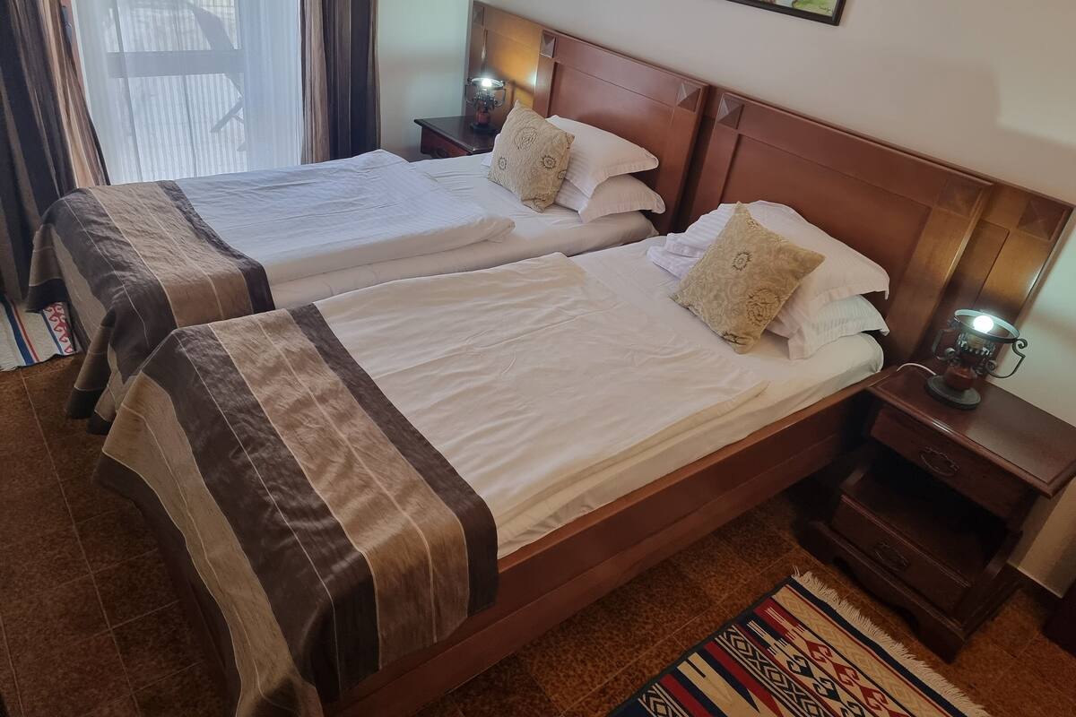 Quarto de hotel com duas camas, cada uma com cabeceira de madeira, roupa de cama branca e almofadas decorativas. Há abajures e um quadro na parede.