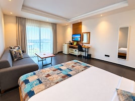 Quarto de hotel com cama, sofá, escrivaninha e televisão.