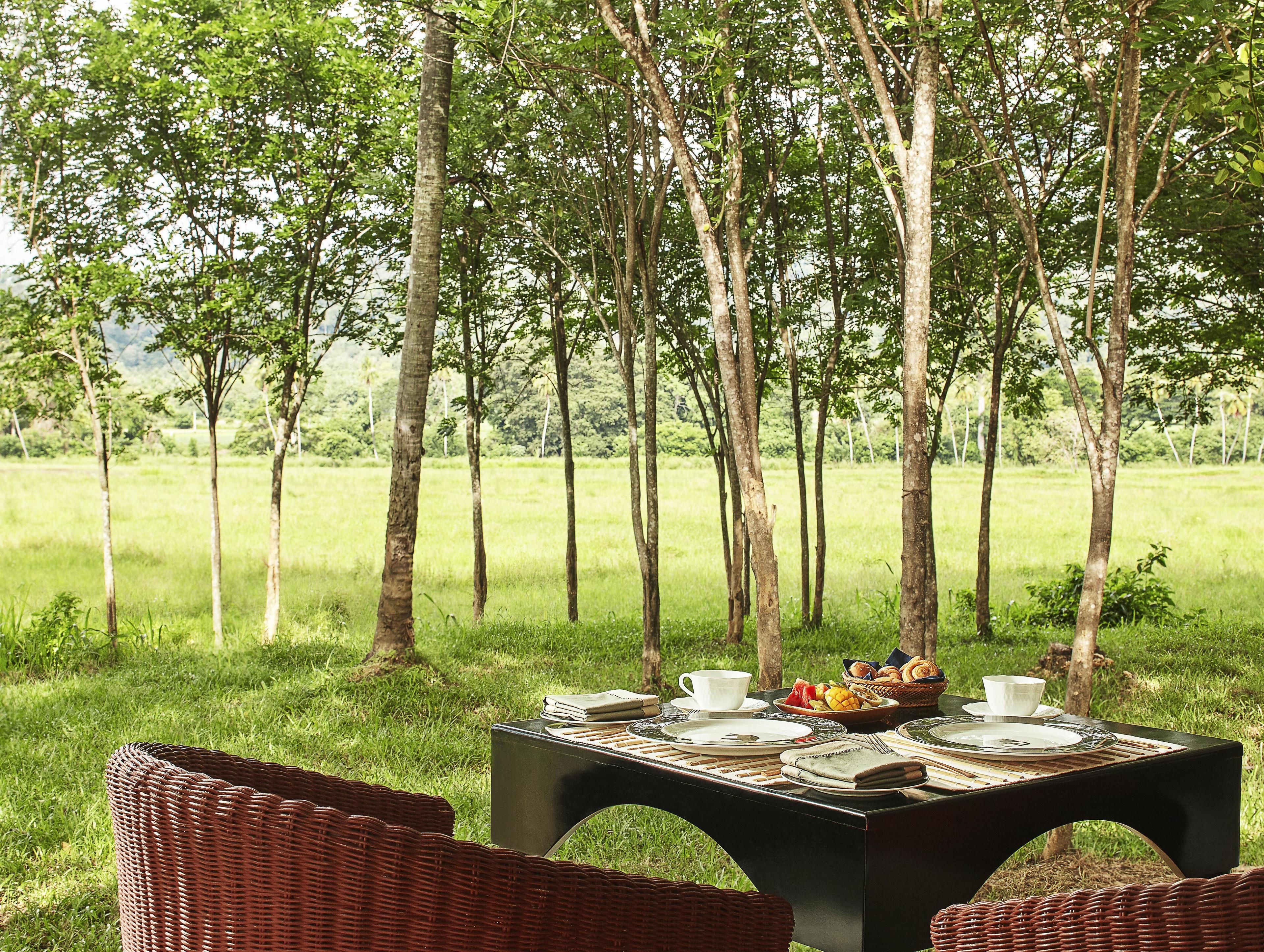 Uma área de refeições ao ar livre com uma mesa posta para dois, rodeada por vegetação exuberante e árvores altas.