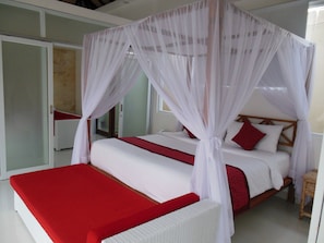 Vila superluxo, 1 quarto, piscina particular, vista para a piscina | 1 quarto, roupas de cama de algodão egípcio, roupas de cama premium