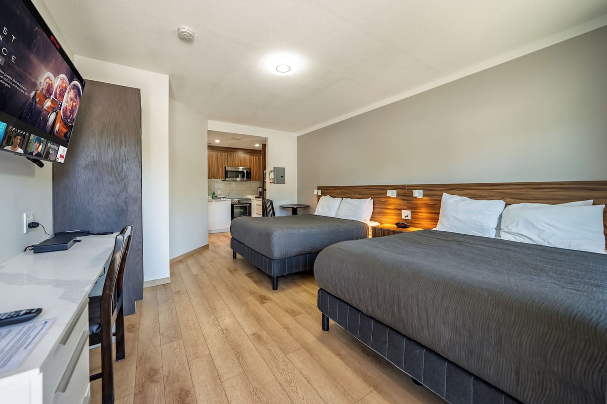 Suite Deluxe, 2 camas queen-size, cozinha, no rés do chão | Camas de colchão viscoelástico, secretária, cortinas/cortinados opacos