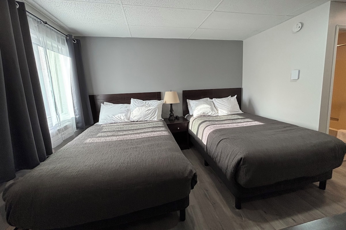 Quarto de hotel com duas camas de solteiro, mesa de cabeceira com abajur, janela com cortinas e porta.