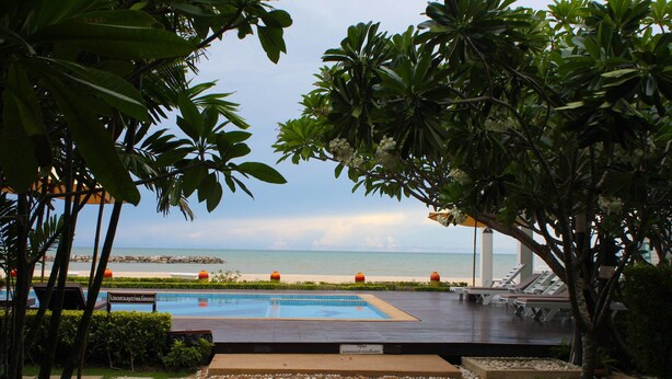 Área da piscina com vista para a praia, rodeada por palmeiras e espreguiçadeiras.