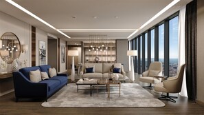 Uma sala de estar moderna com sofá, poltronas, mesa de centro e vista da cidade.