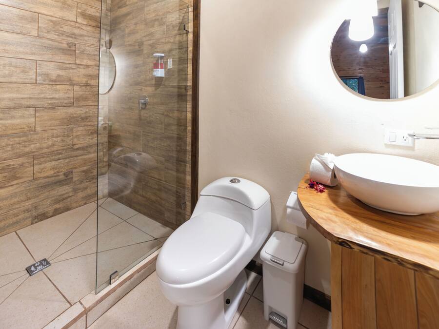 Quarto casal ou duplo standard, vista para a montanha | Banheiro | Banheira e chuveiro separados, toalhas de banho, sabonete, shampoo