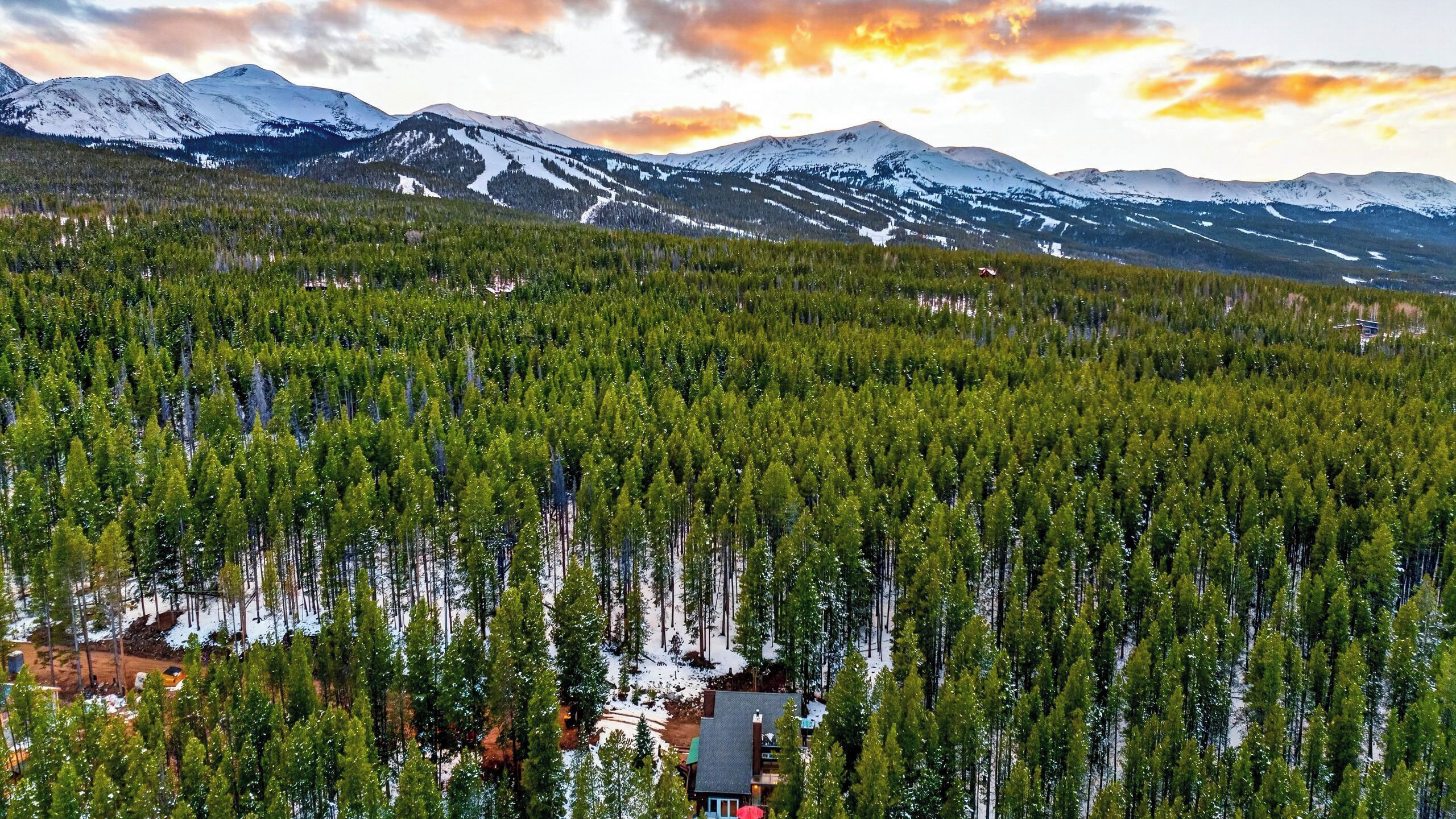 Uma área montanhosa coberta por floresta, com uma cabana.