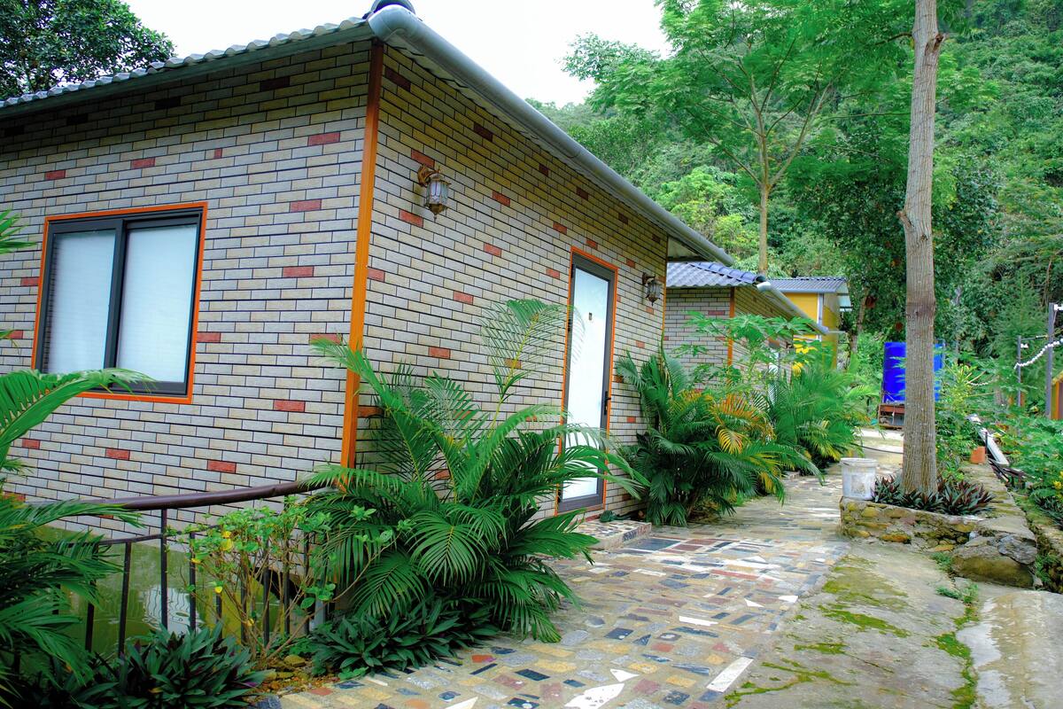 Um edifício de tijolos com calçada de azulejos, rodeado por vegetação exuberante.