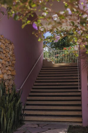 Escadaria que leva a uma varanda com guarda-mão de metal, rodeada por plantas e uma parede de pedra.
