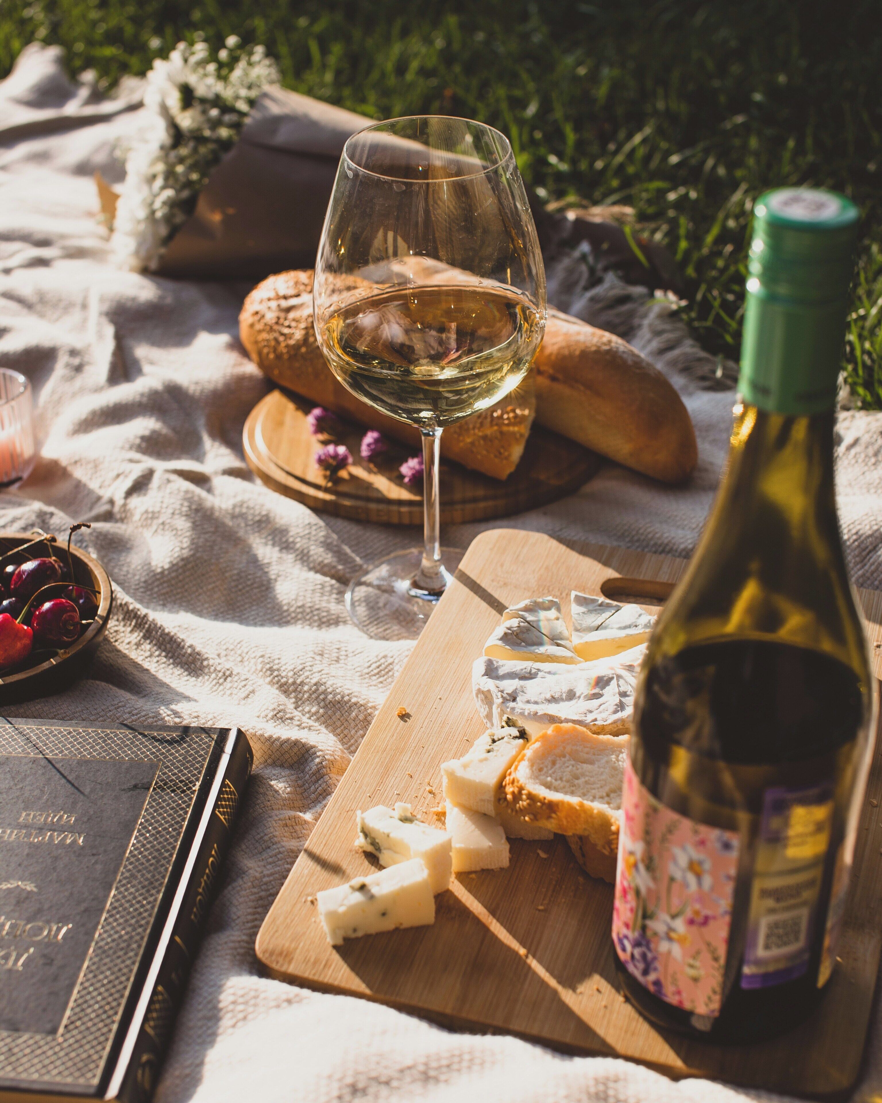 Disposição para piquenique com um copo de vinho branco, queijo, pão e um livro sobre uma manta.