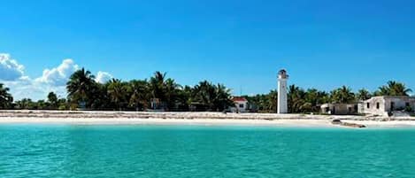 Uma paisagem costeira com um farol, praia e palmeiras.