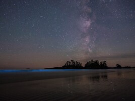 Céu noturno com estrelas e a Via Láctea sobre uma praia, com águas calmas refletindo o céu.