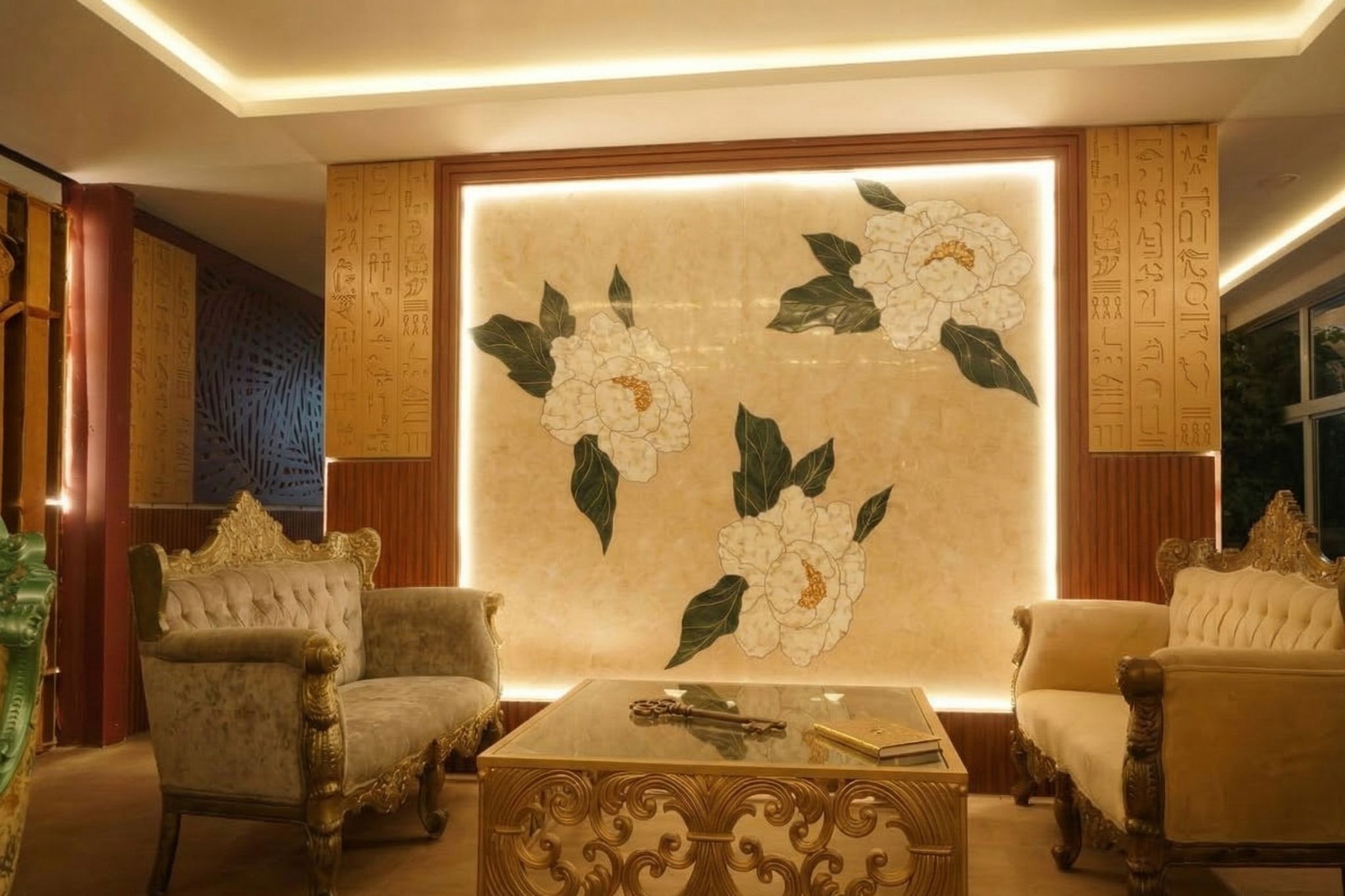 Quarto luxuoso com mobiliário requintado, um grande mural floral e decoração tradicional.