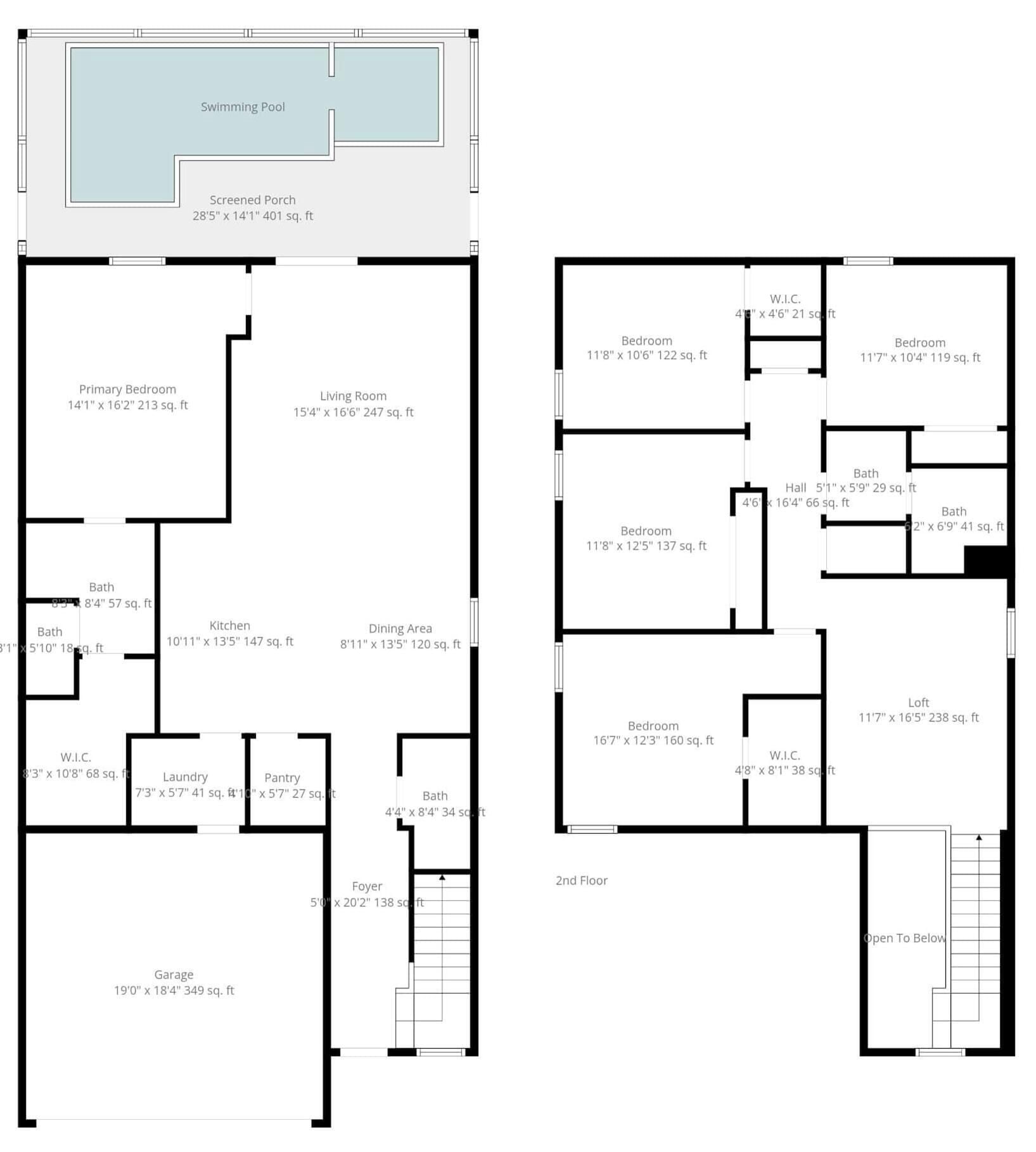 Planta baixa de uma casa com piscina, varanda com proteção, quarto principal, sala de estar, cozinha, área de refeições, dois banheiros, um loft e garagem.