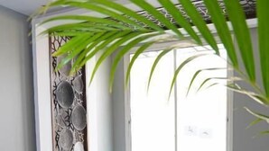 Uma sala de estar moderna com sofás cinzentos, mesas de centro redondas e um painel decorativo na parede.