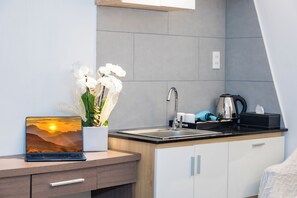 Uma cozinha moderna com um laptop, pia, chaleira e um vaso de flores.