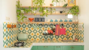 Uma cozinha com armários verdes, um painel de parede estampado e diversas plantas em prateleiras.