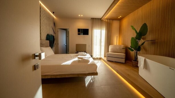 Quarto de hotel moderno com uma cama, área de estar, televisão e planta.