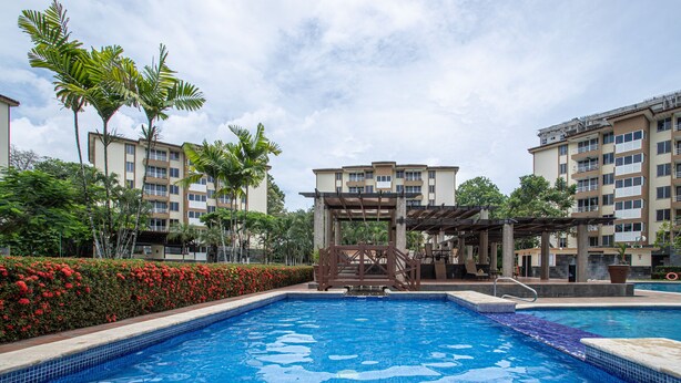 Piscina com deck de madeira e pérgola, cercada por palmeiras e um conjunto de flores vermelhas.